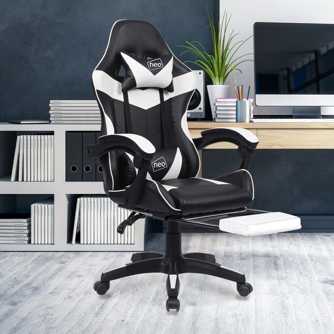 Leather Recliner Computer Gaming Office Chair With Footrest - White ...